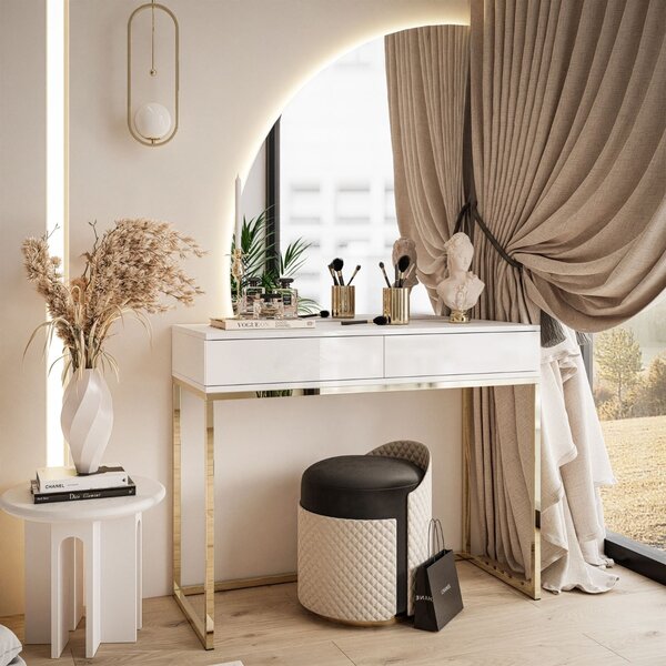 TOALETNÝ STOLÍK EMELINE BIELY + ZLATÝ LESK LED ZRKADLO | FAVI.sk