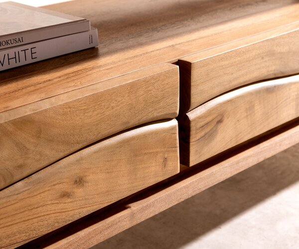 DELIFE TV stolík Live-Edge 146 cm akácia prírodná 3 zásuvky 1 ...