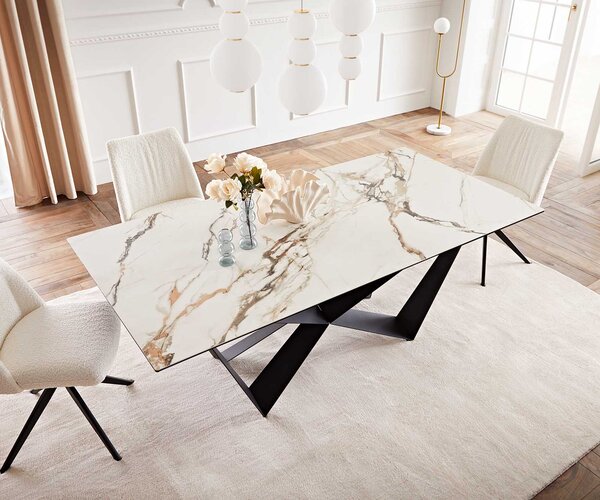 DELIFE Jedálenský stôl Edge 200x100 keramika Calacatta Luxe bielo-zlato-šedá Spider plochá oceľ ...