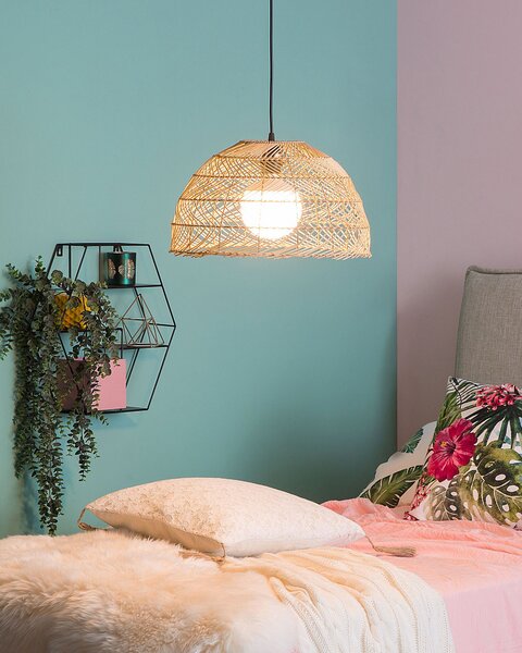 Závesná lampa prírodná béžová ratan syntetický materiál tvar zvona na ...